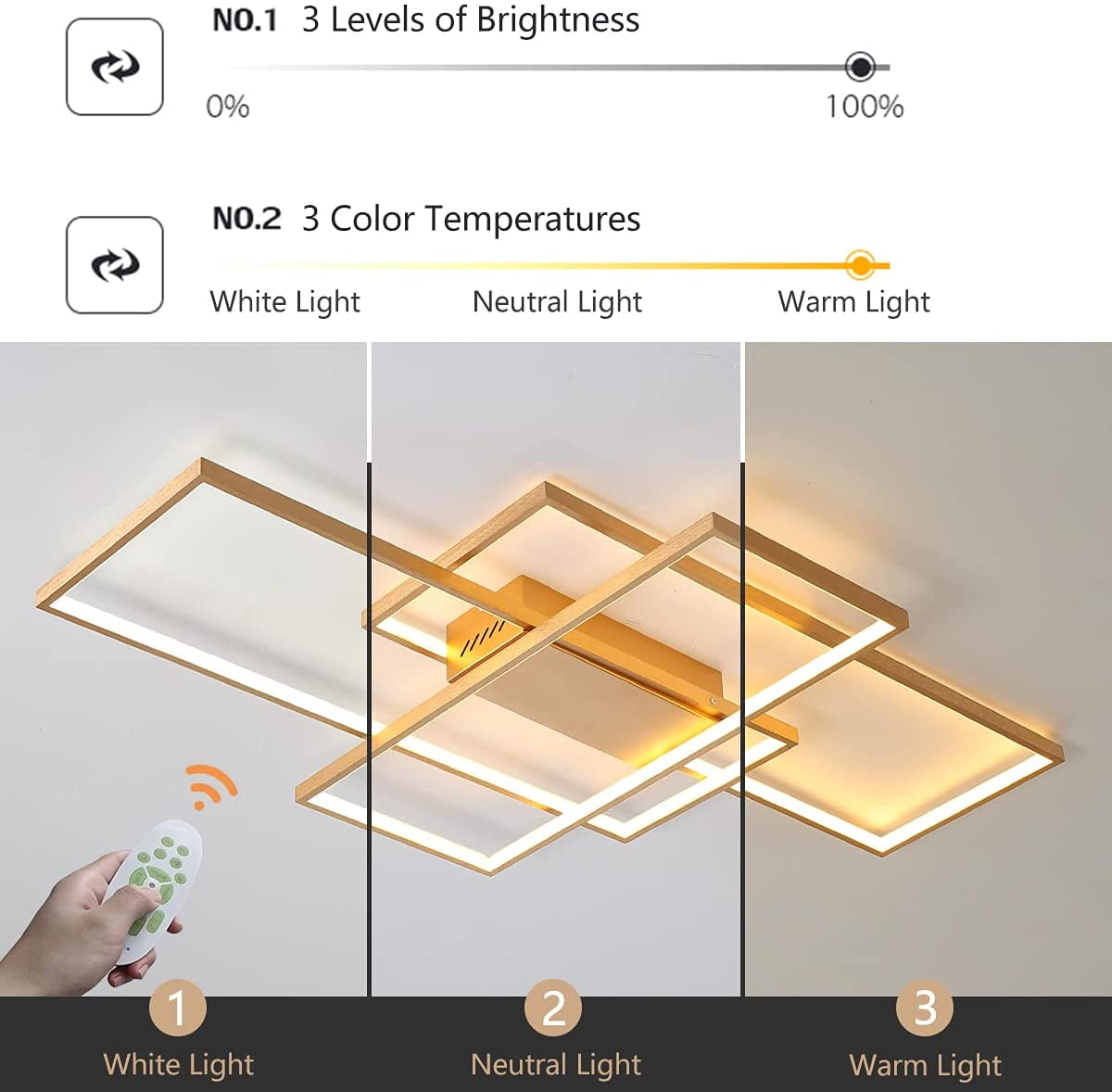 Buy Garwarm Dimmable Ceiling Light 50W,3 Square Gold LED Ceiling Light ...