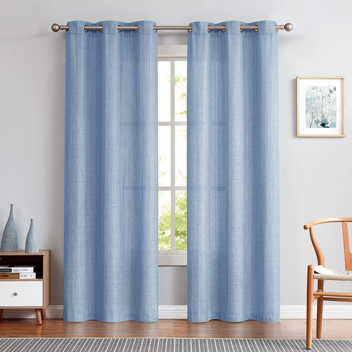 Vangao Semi Sheer Curtains 40" x 84" Blue Linen Textured Living Room ...