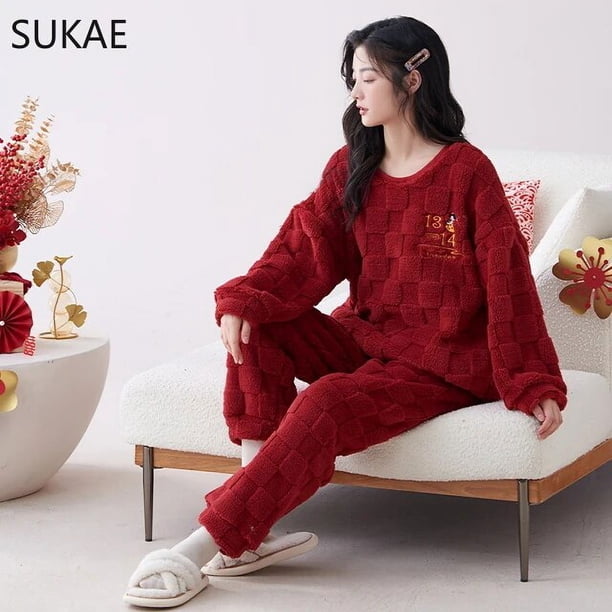 SUKAE Super Thick Chinese Velvet Women Pajamas Set Female Chic ...