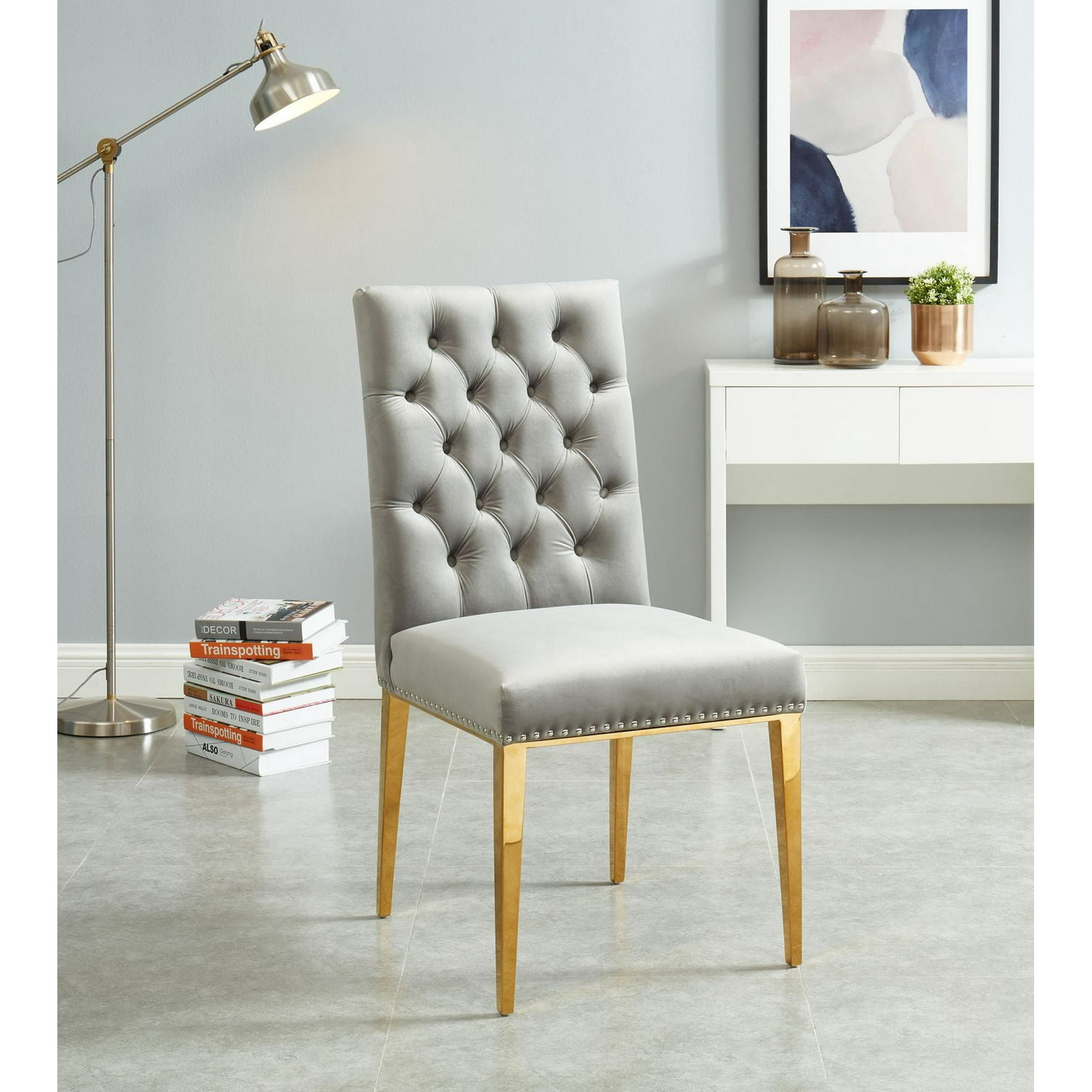 Click here for K-Living Regan Tufted Velvet Chair In Grey With St... prices