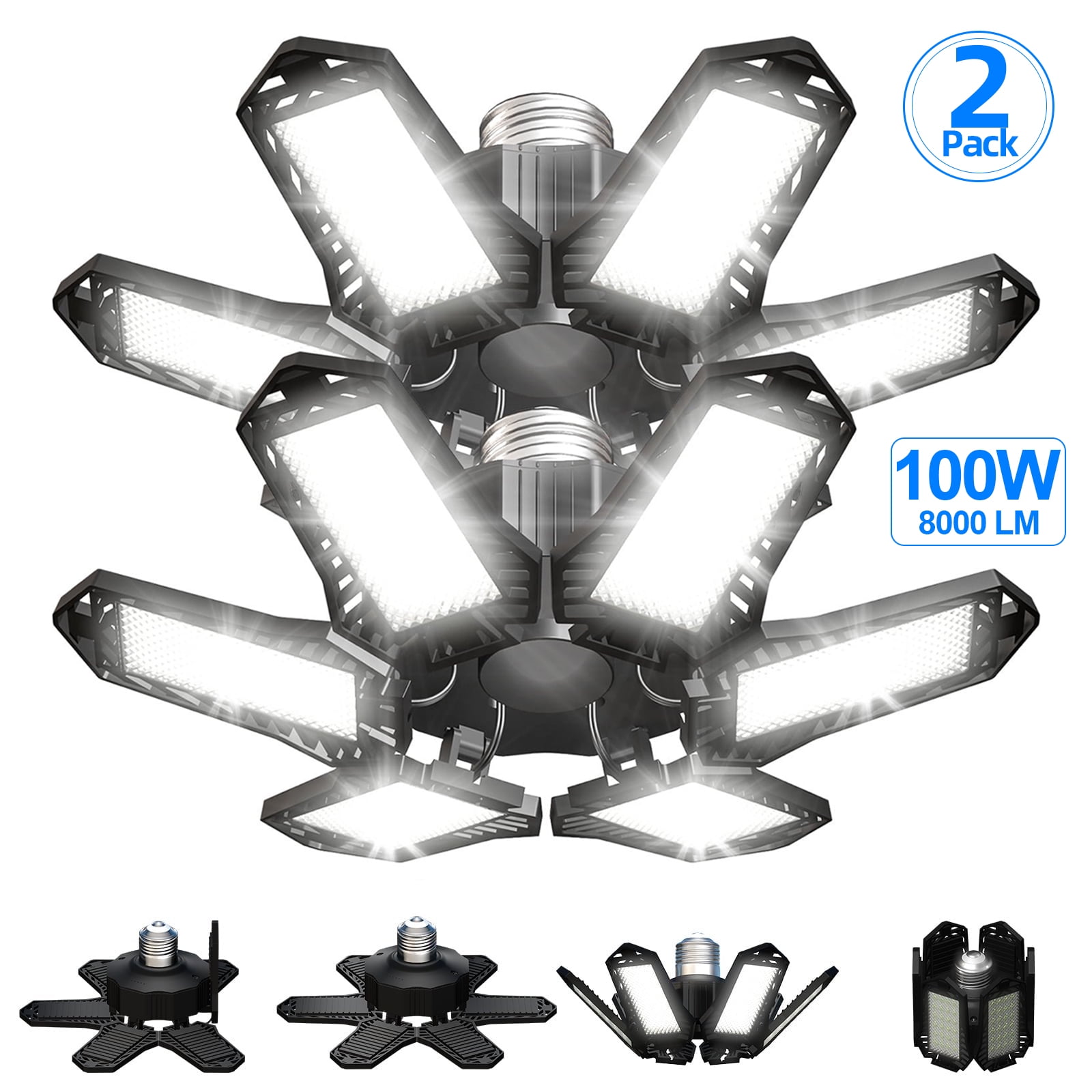 2 Pack LED Garage Light, 100W 8000LM Garage Ceiling LED Light with 6 ...