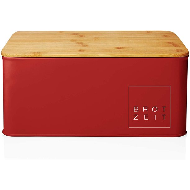 Lumaland Metal Red Bread Box with Bamboo Lid/Cutting Board, Bread ...