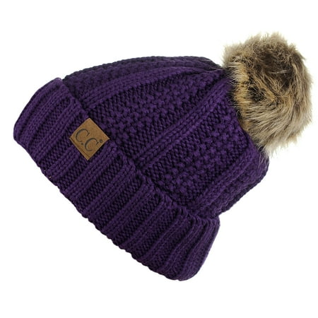 C.C - C.C Thick Cable Knit Faux Fuzzy Fur Pom Fleece Lined Skull Cap ...