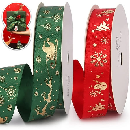 Red Green Christmas Ribbons 10 Yards 1Inch 2 Rolls Gold Foil Snowflake ...