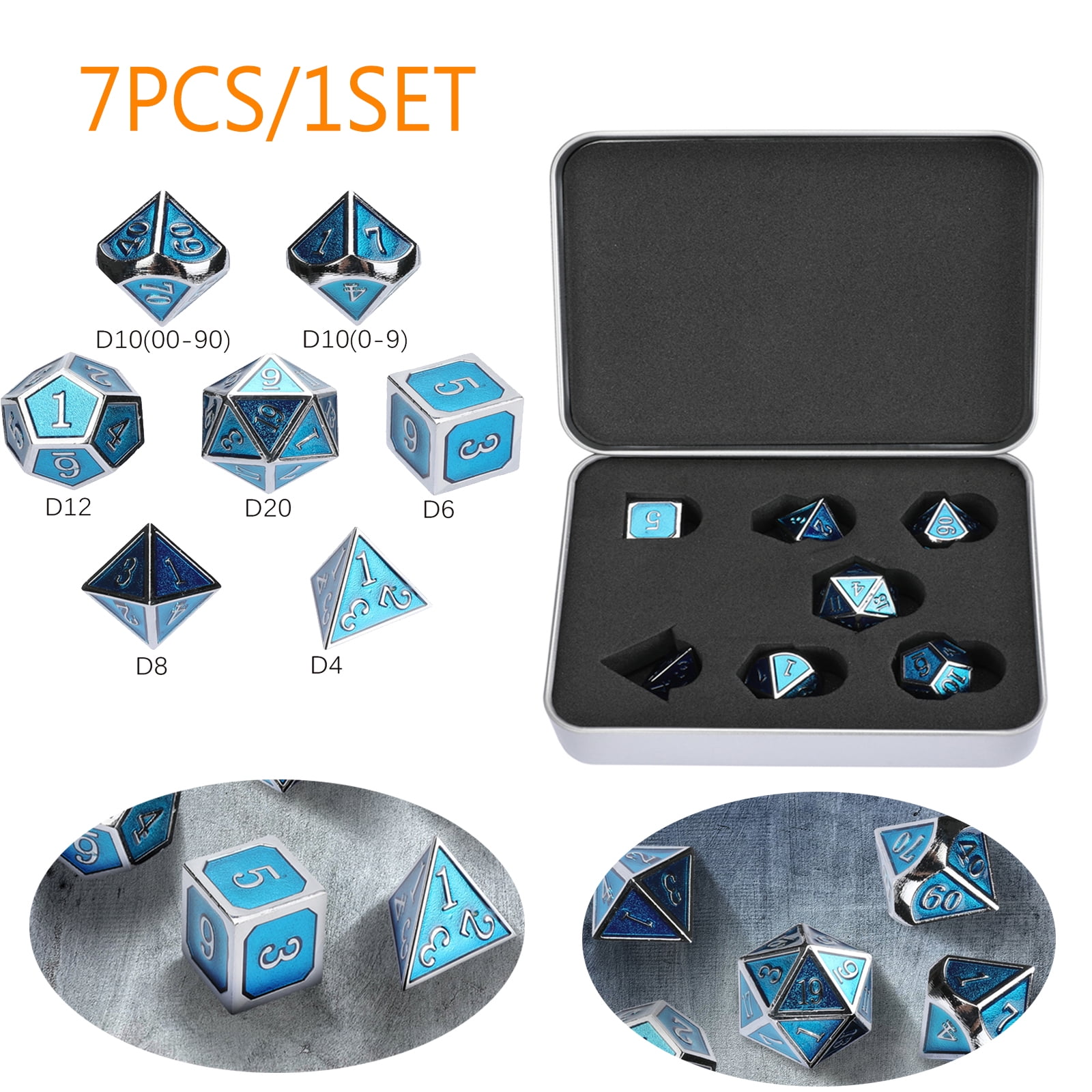 7Pcs/Set Ancient Design Dice,Sky Blue Metal Polyhedral Dice Italic ...
