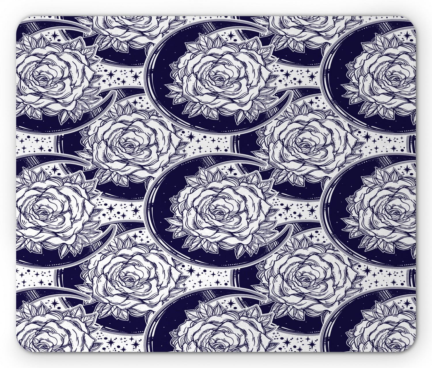 Crescent Mouse Pad, Monochrome Themed Pattern with Roses and Moon ...
