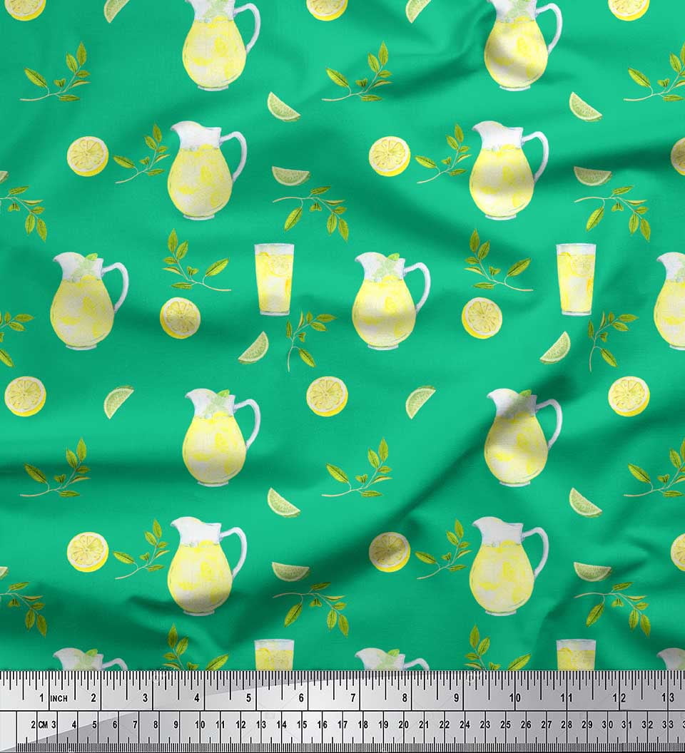Soimoi Green Heavy Satin Fabric Lemon Slice & Lime Juice Fruits Print ...