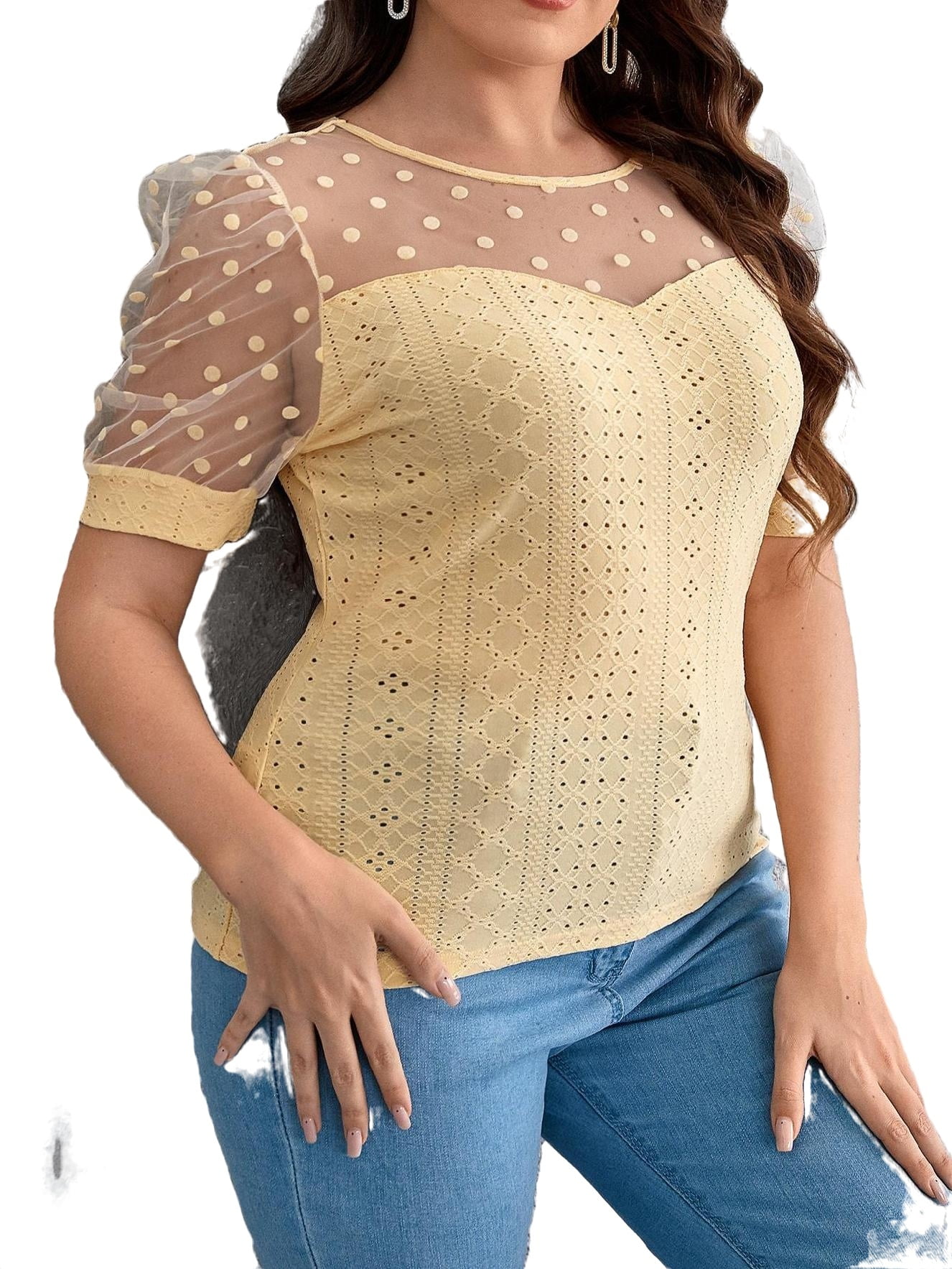 Elegant Polka Dot Round Neck Short Sleeve Yellow Plus Size Womens Tops