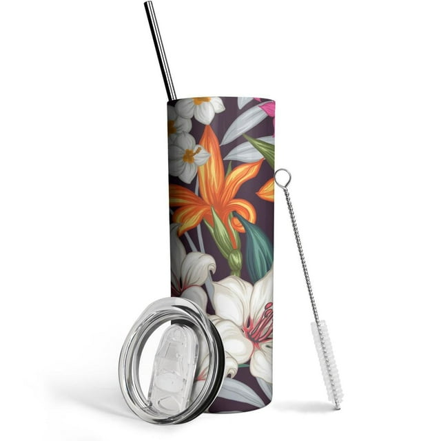 Flower Tumbler 20 Oz Travel Coffee Mug Floral Print Skinny Tumblers ...