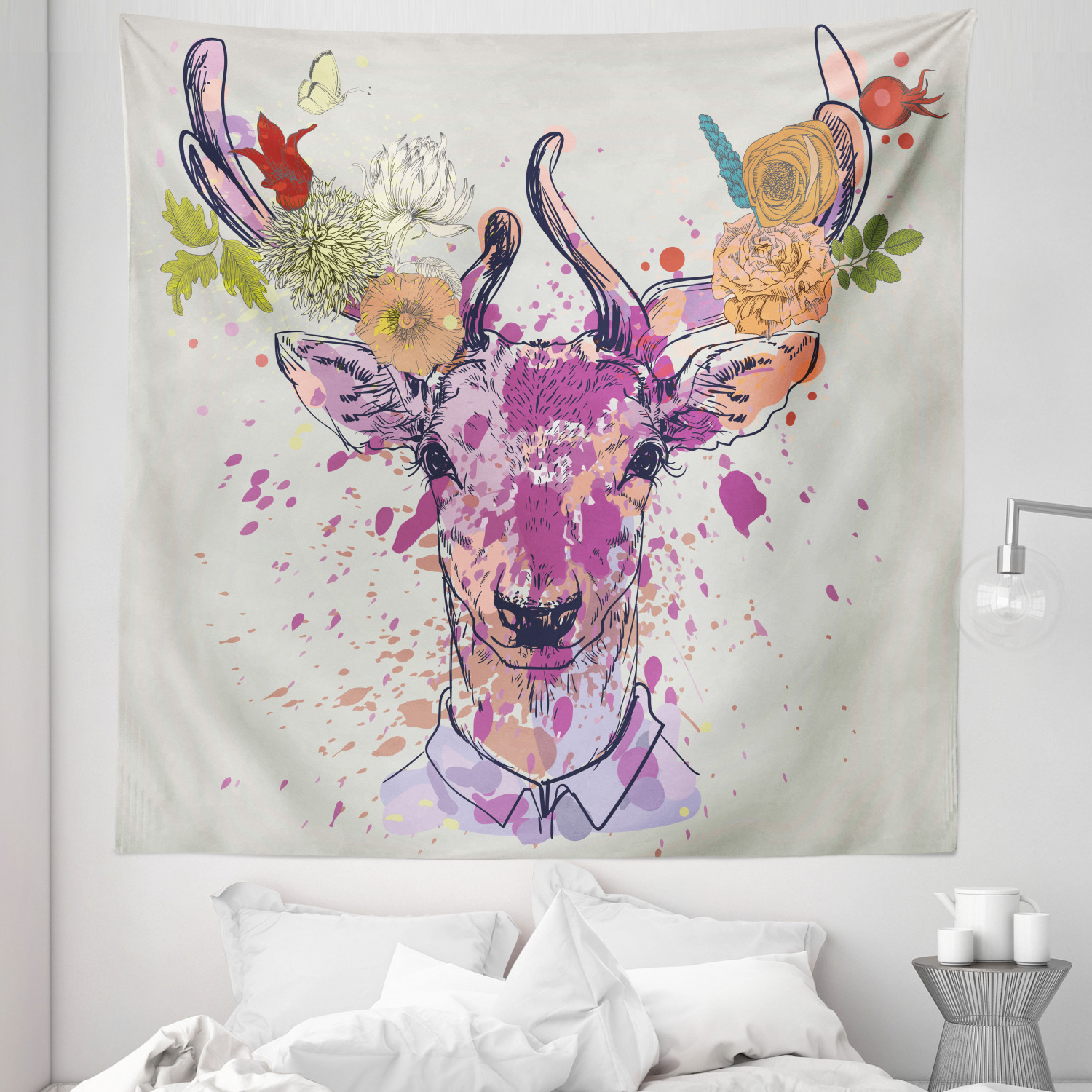 Indie Tapestry, Colorful Deer Portrait with Color Splashes and Various ...