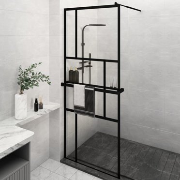 vidaXL Walk-in Shower Wall with Shelf Black 31.5"x76.8" ESG Glass ...