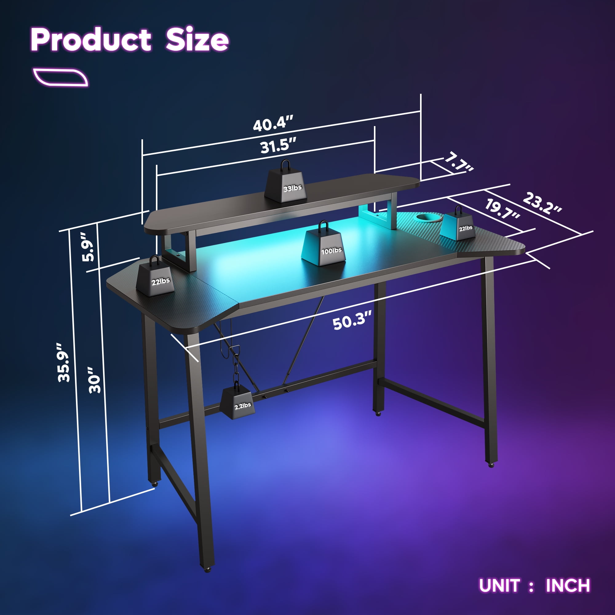 Bestier 50 Inch Curved Gaming Desk with LED Lights Carbon Fiber Top Monitor Stand Cup Holder Headphone Hook Black Walmart