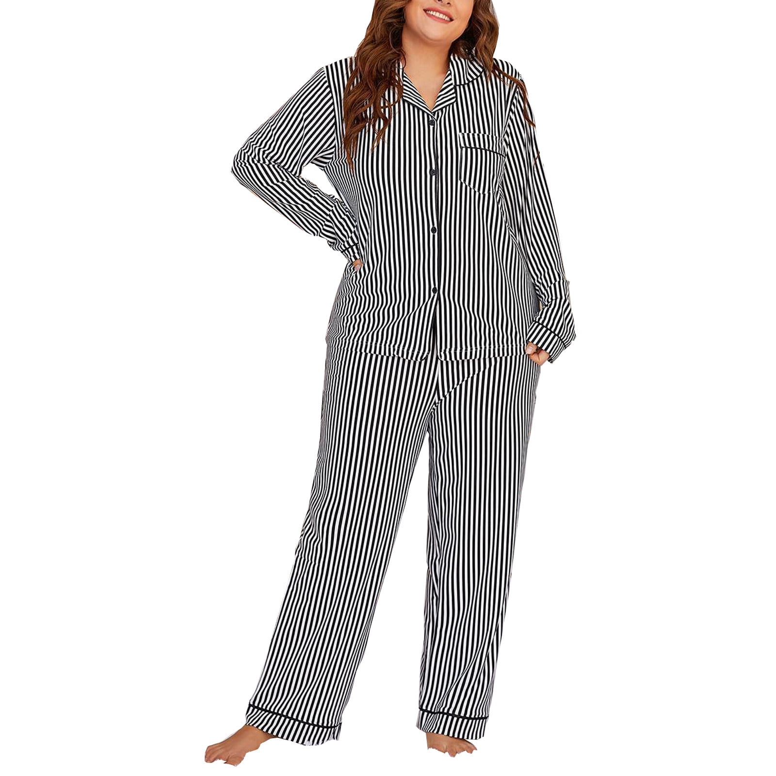 skpabo Womens Sleepwear Set Cotton Striped Pyjamas Set Long Sleeve ...