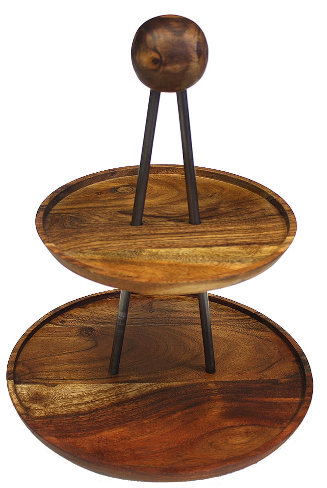 Mountain Woods Brown Solid Acacia Wood Two Tiered Serving Stand / Tray ...