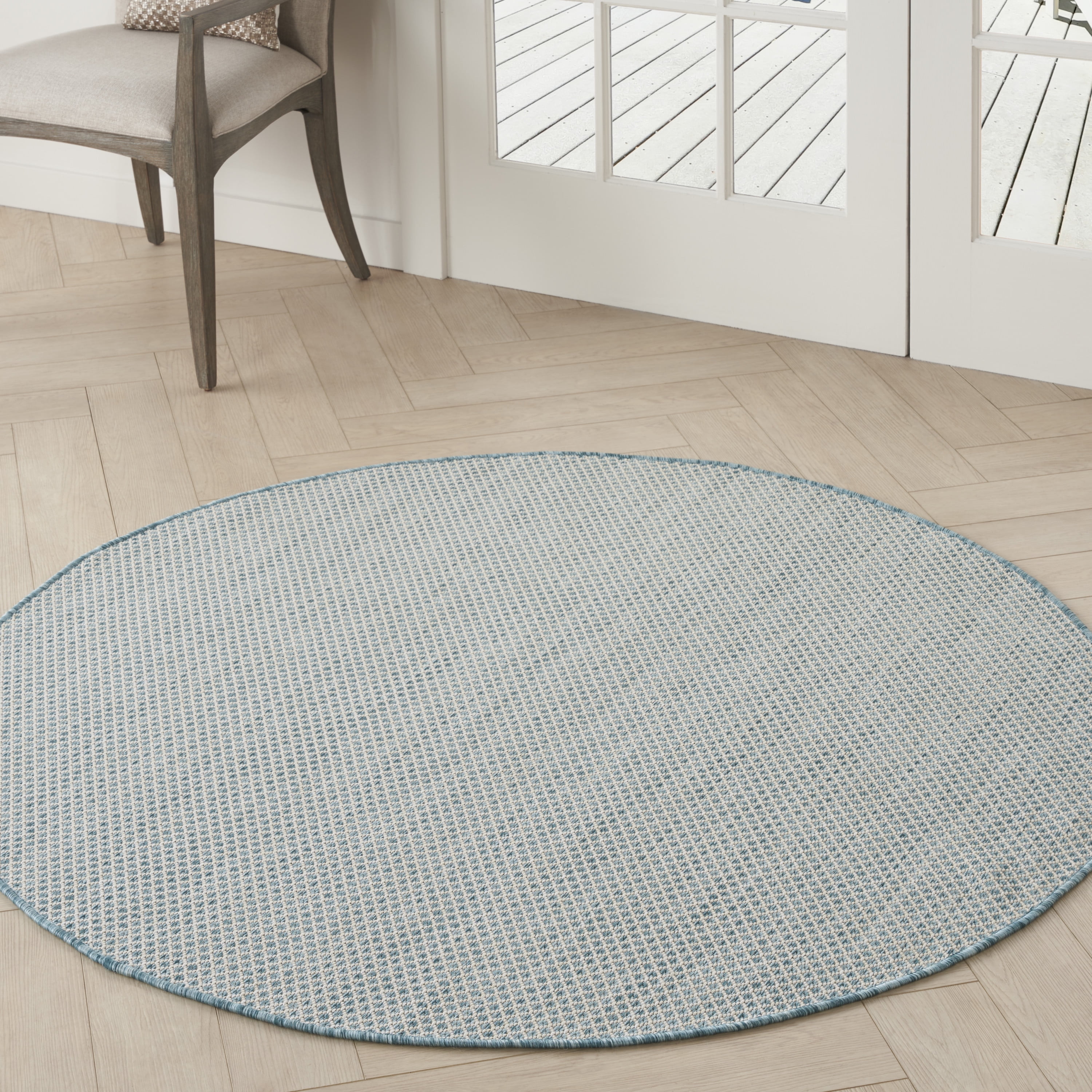 Nourison Courtyard Indoor/Outdoor Ivory/Aqua 5 x Round Area Rug (5 ...