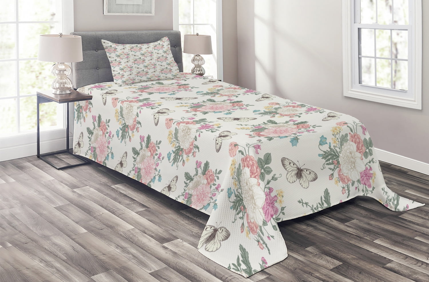 Ambesonne Flowers Quilted Coverlet 2 Pcs, Roses Bouquet, Twin Size ...
