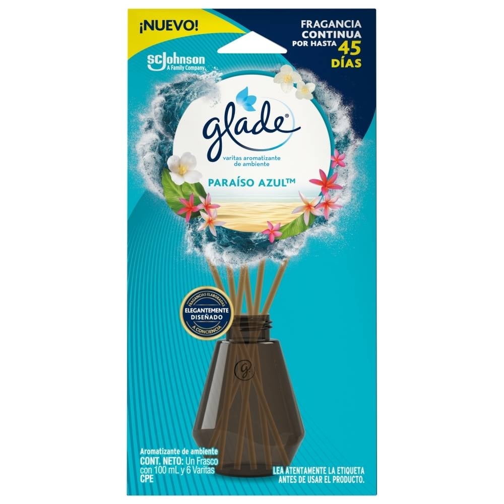 Varitas Aromatizantes Glade Paraíso Azul 100 ml Frasco y 6 Varitas ...
