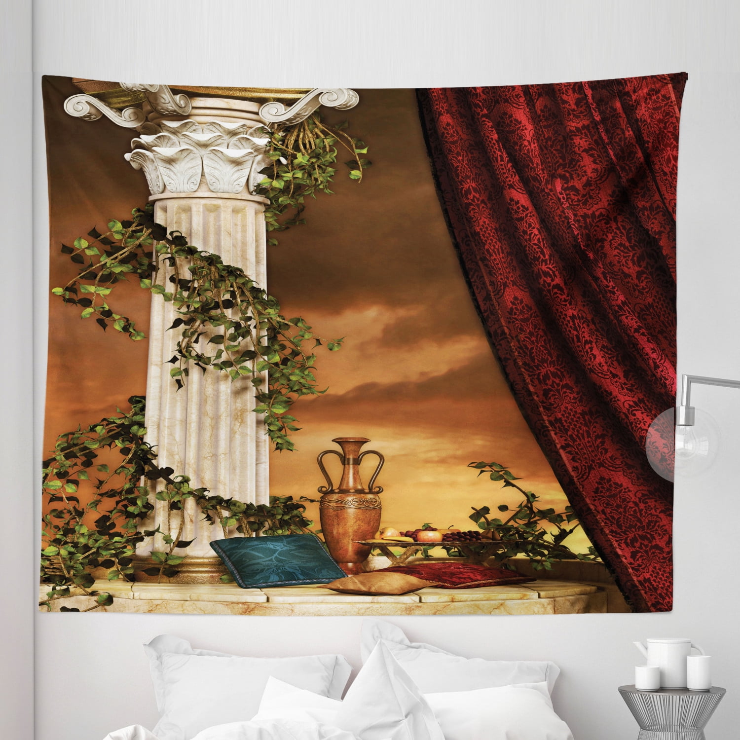 Gothic Tapestry, Greek Style Scene Climber Pillow Fruits Vine and Red ...