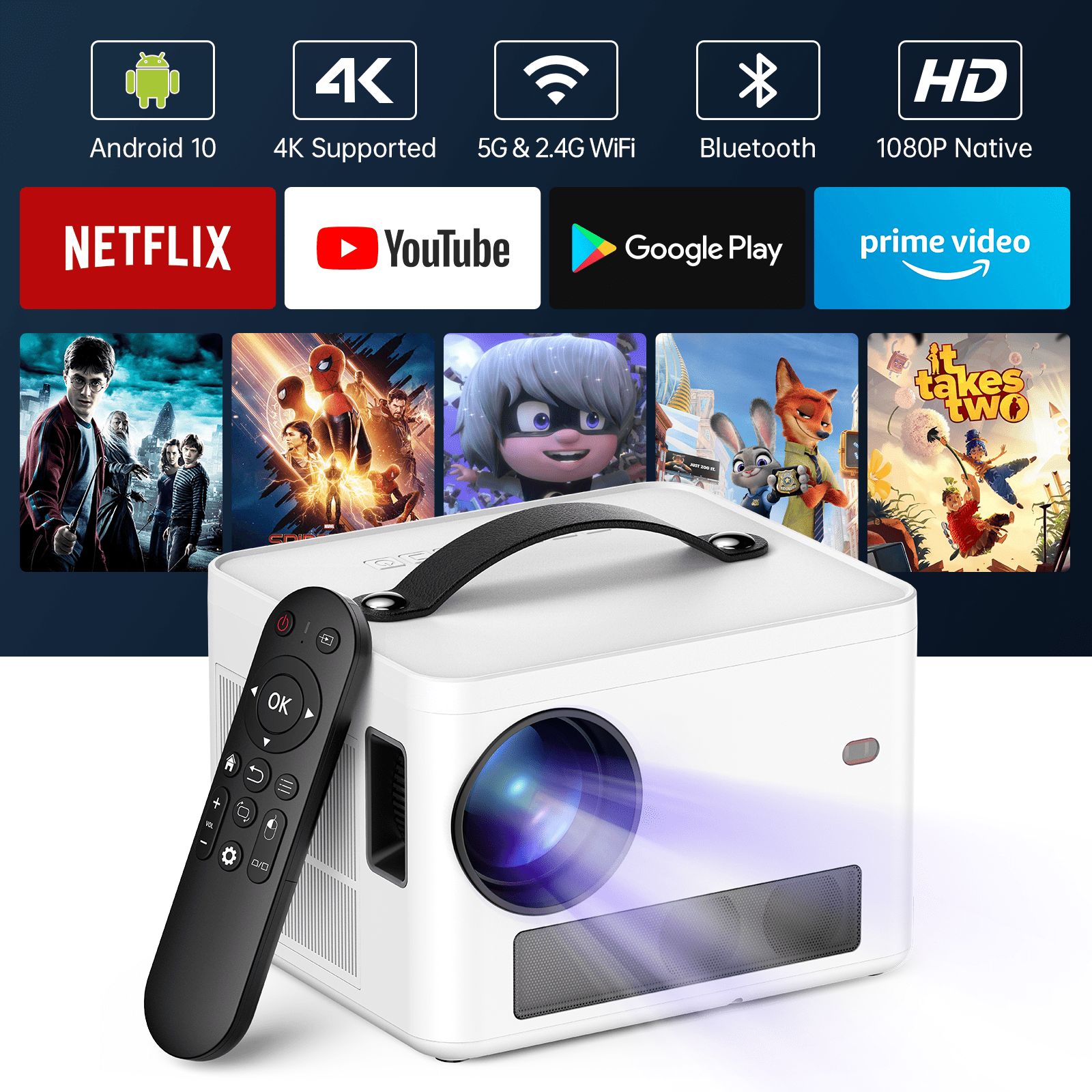 VAKATAKA 5G Native 1080P Projector with Android 10, 8000 Lux Full HD ...