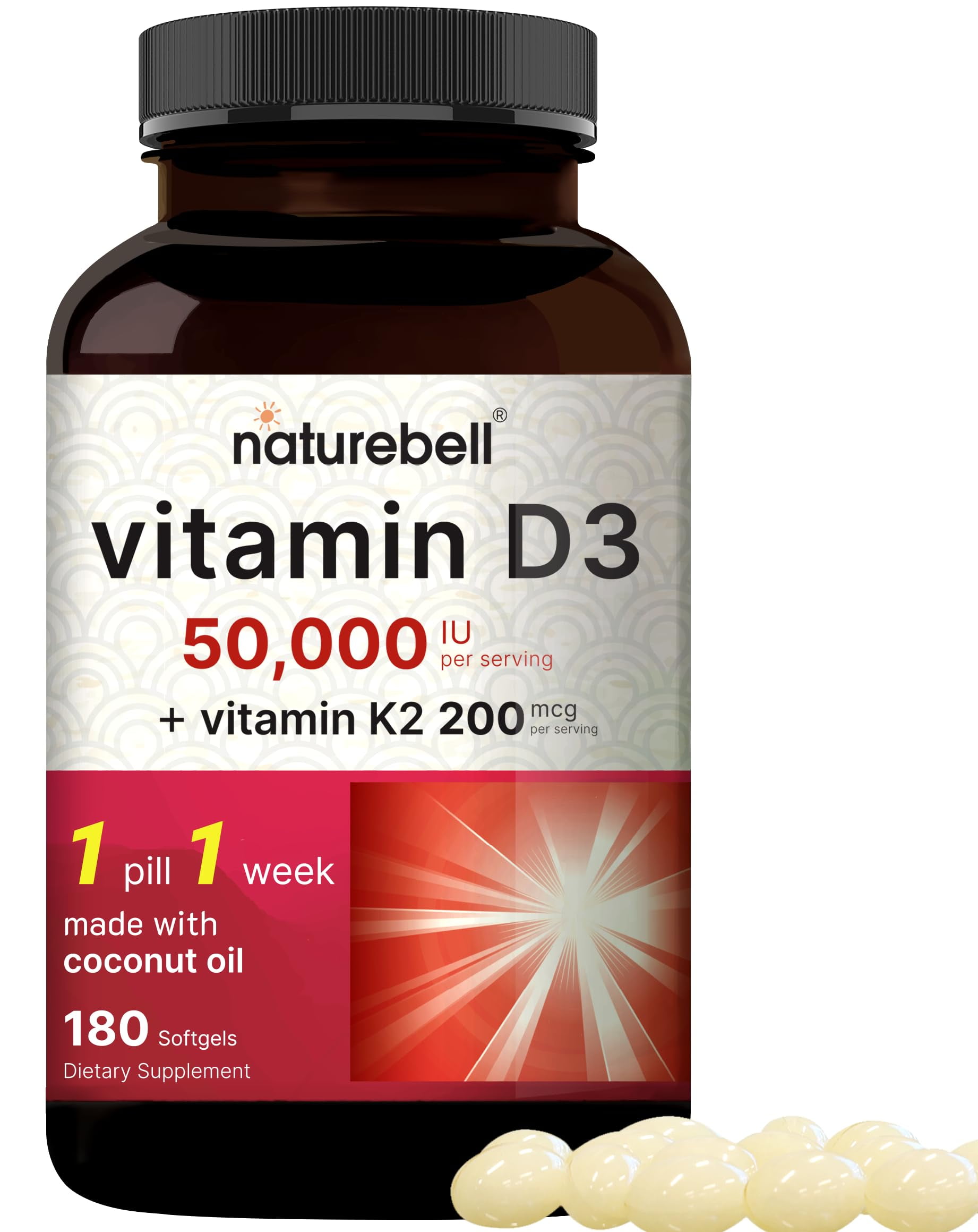Suplemento de vitamina D3 de NatureBell, 50 000 UI con K2, 200 mcg, 180 cápsulas blandas ...