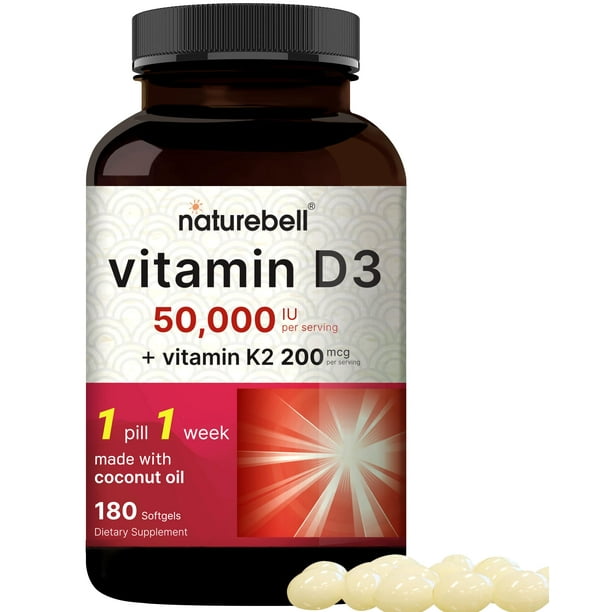 Suplemento de vitamina D3 de NatureBell, 50 000 UI con K2, 200 mcg, 180 cápsulas blandas ...
