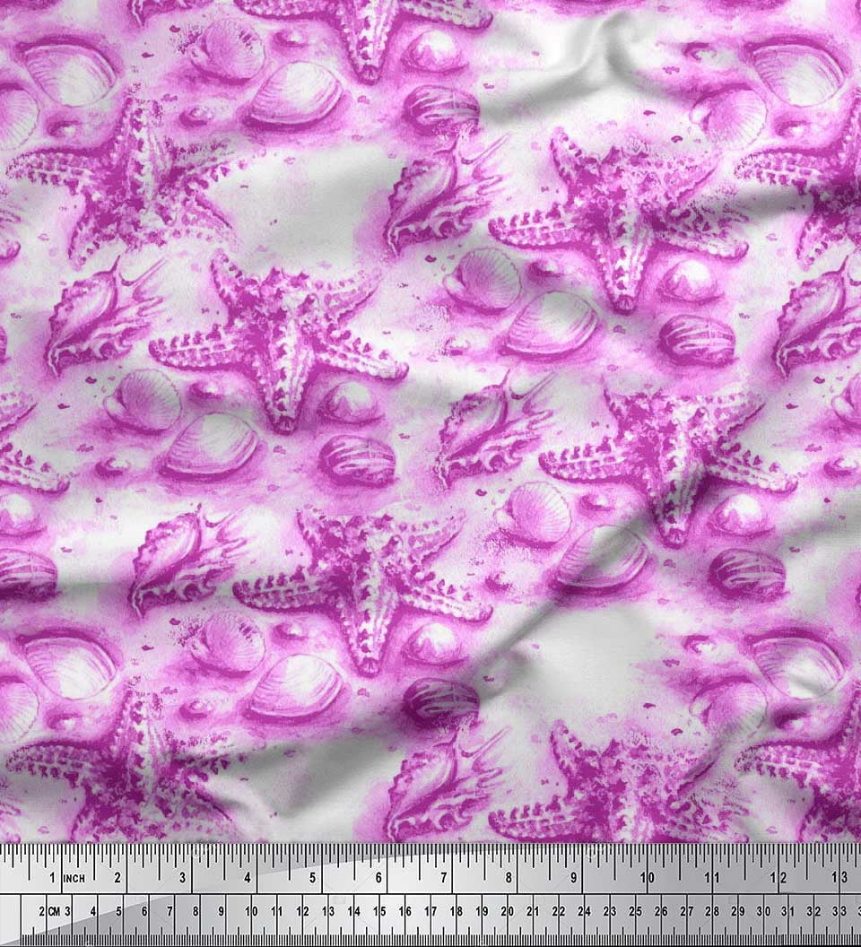 Soimoi Pink Satin Silk Fabric Shell & Starfish Ocean Print Fabric by ...