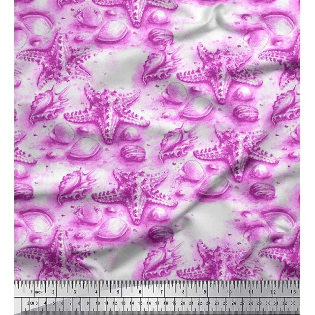Soimoi Pink Satin Silk Fabric Shell & Starfish Ocean Print Fabric by ...