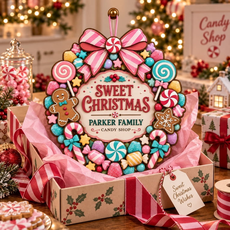 Personalized Christmas Candy Shop Wreath Wooden Sign Door Hanger ...