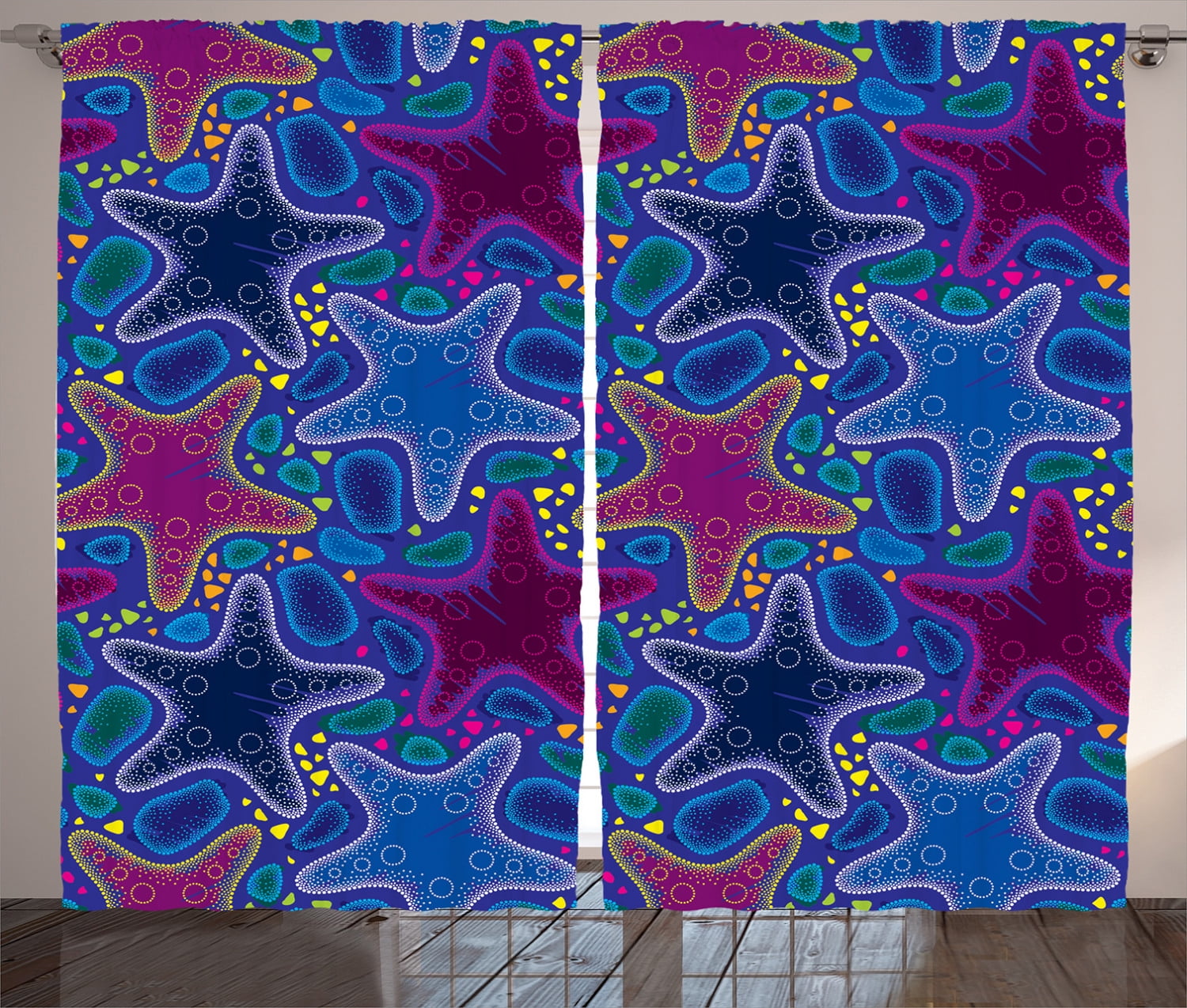 Psychedelic Decor Curtains 2 Panels Set, Dotted Starfish and Pebbles ...