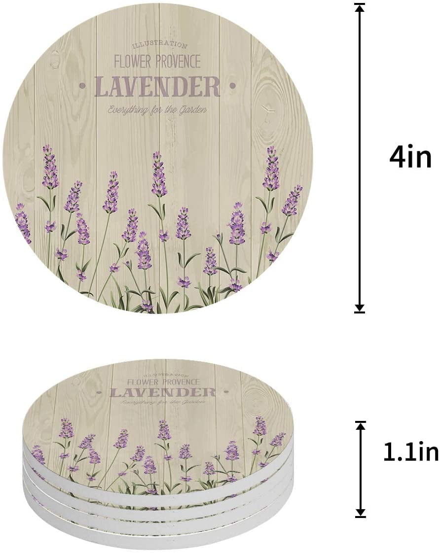 FMSHPON Lavender Set of 4 Round Coaster for Drinks, Absorbent Ceramic ...