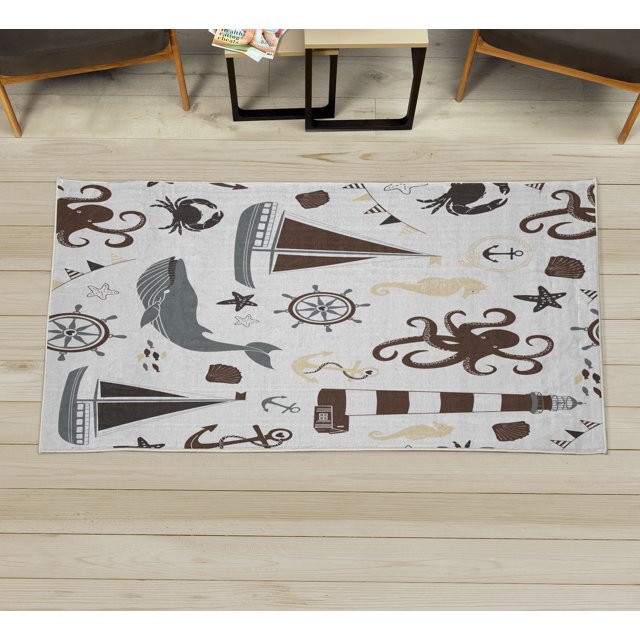Nautical Decorative Rug, Pastel Colored Composition of Lighthouse ...