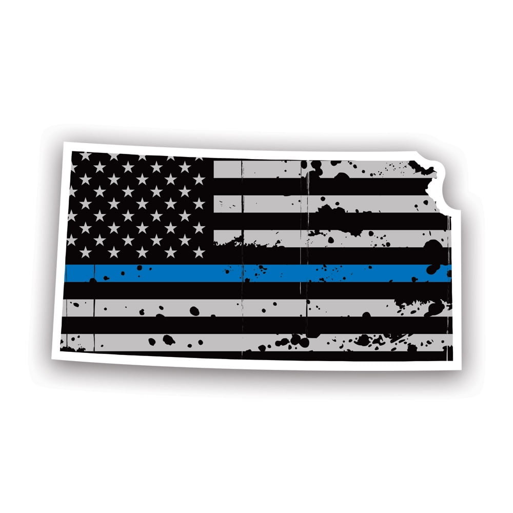 Distressed Thin Blue Line Kansas State Shaped Subdued US Flag Sticker ...