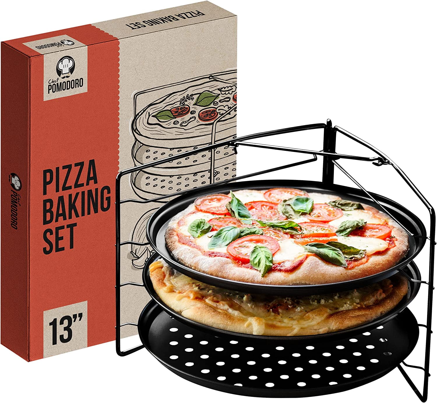 Chef Pomodoro Pizza Baking Set with 3 Pizza Pans and Pizza Rack, Non ...