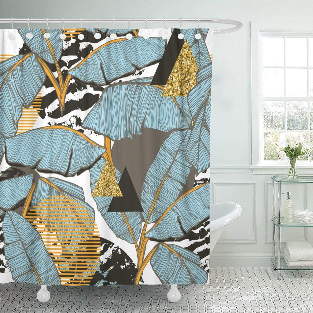 Bpbop Blue Leaf With Banana Leaves Green Tropical Palm Golden Abstract