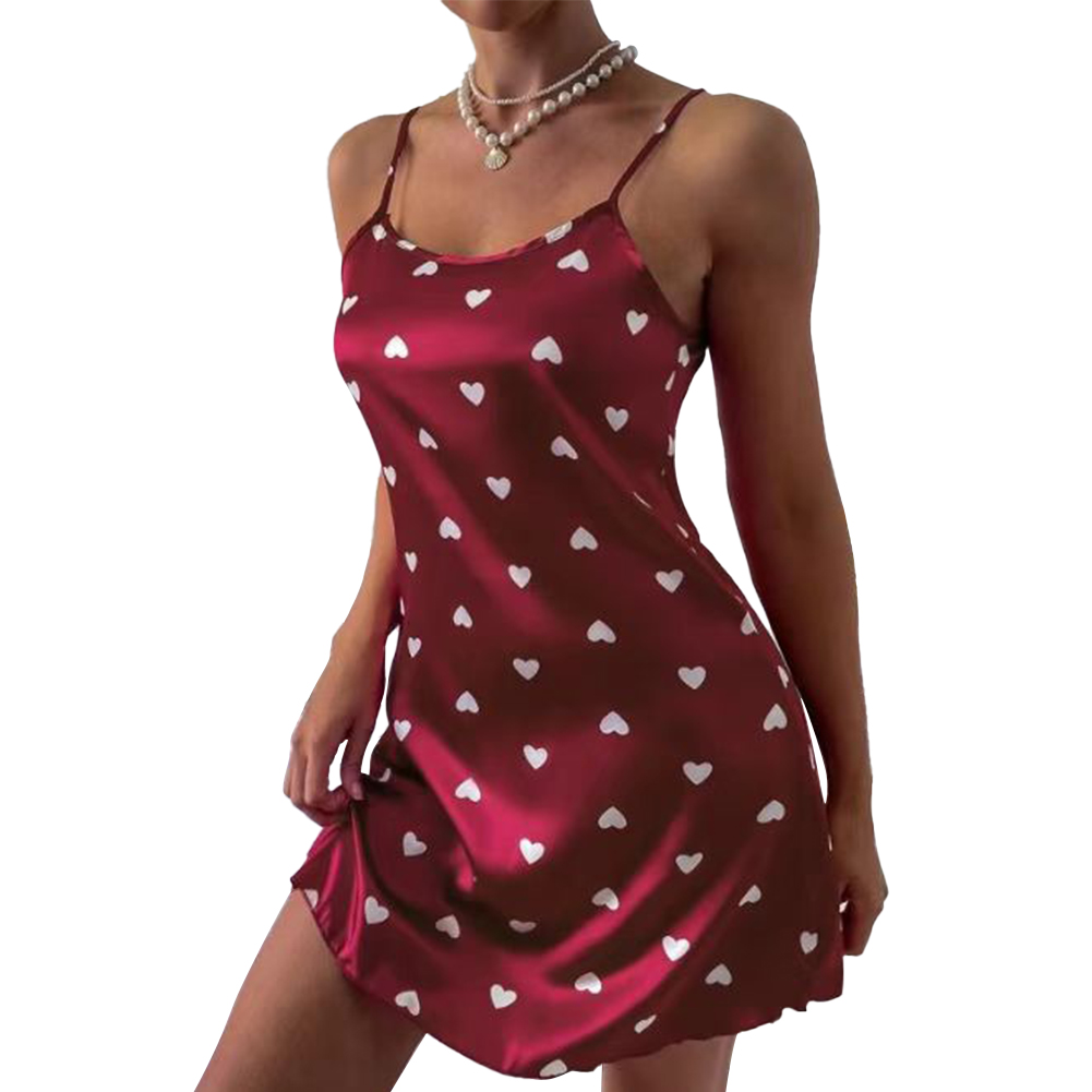 Garhelper Heart Print Nightgown Chemise Suspender Skirt Sleepwear Short Nightgown Summer Sexy