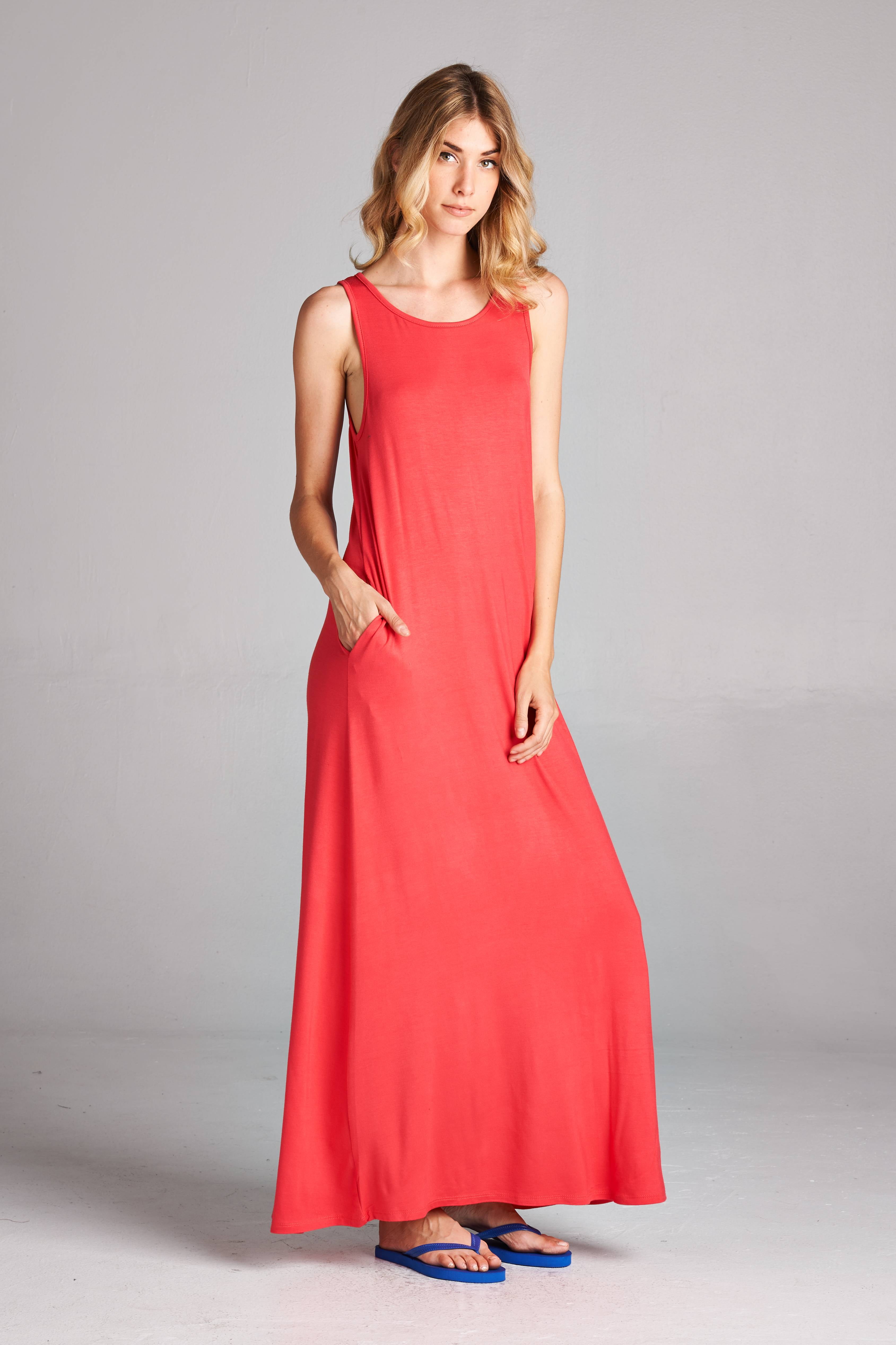On Trend Women's Round Neck Soft Maxi Tank Dress with Side Pocket ...