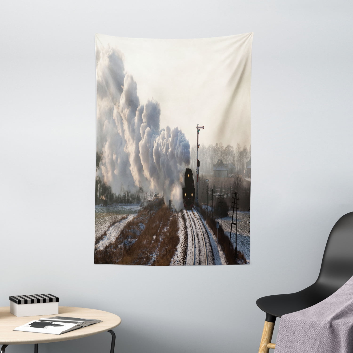 Steam Engine Tapestry, Train on Rails Winter Snow Landscape Steel ...
