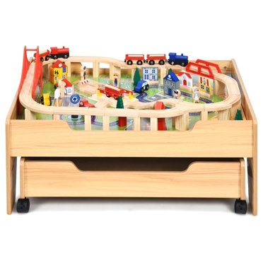 Costway Large Toddler Toy Play Activity Wooden Train Set & Double-Sided ...