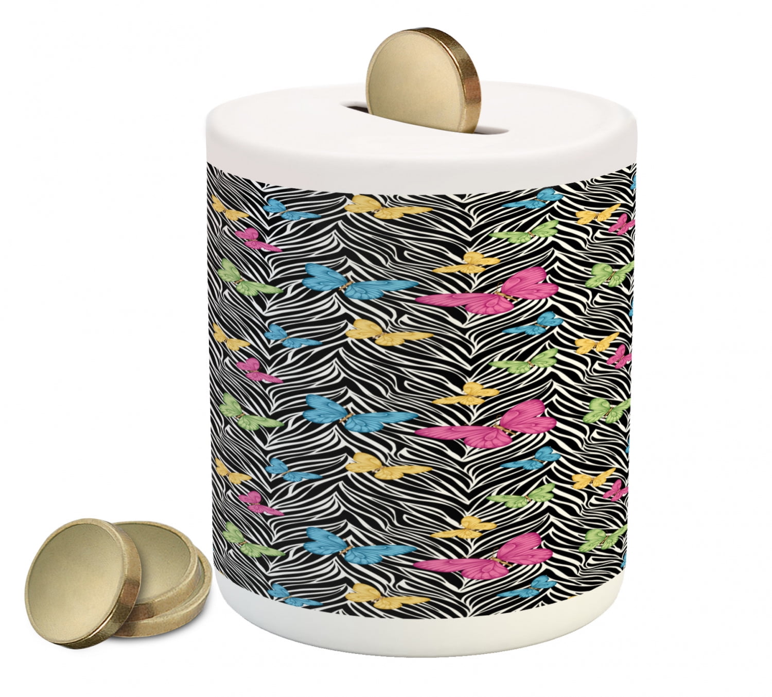 Zebra Print Piggy Bank, Colorful Butterflies on Zebra Abstract Print ...