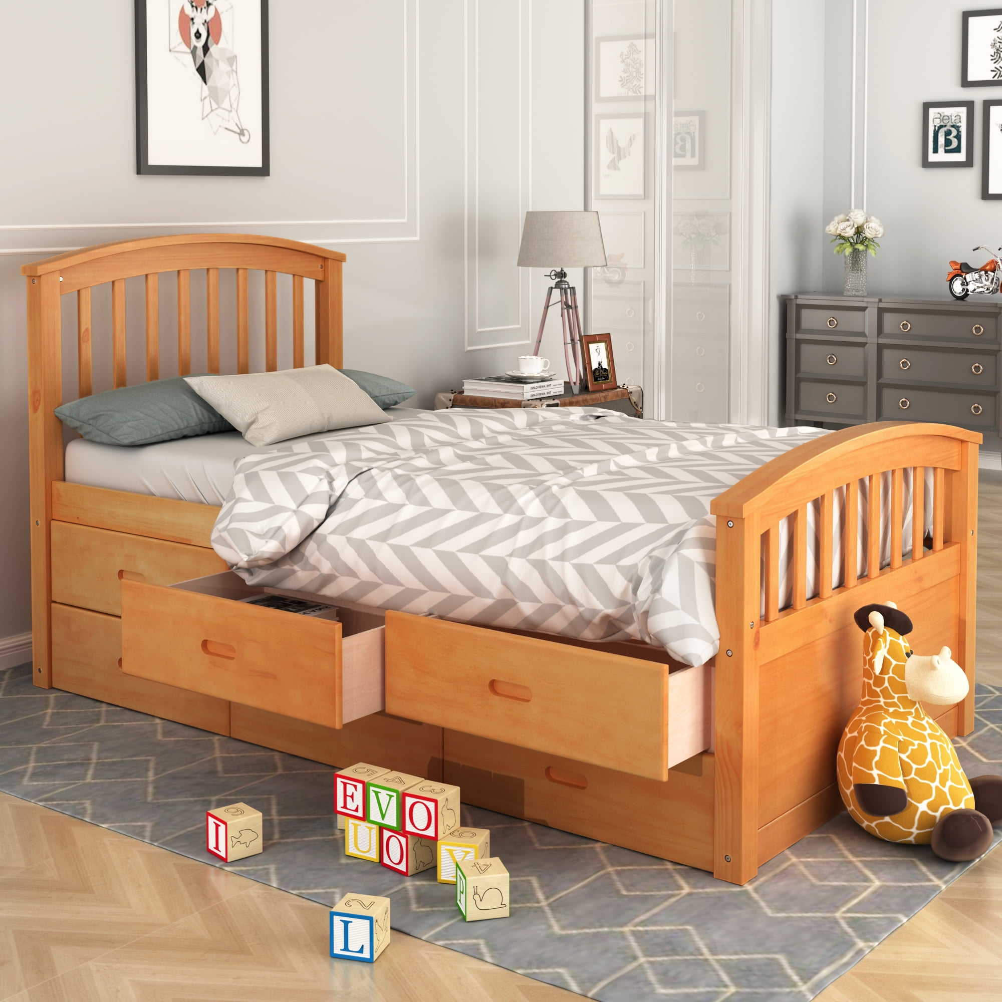UHOMEPRO Twin Bed Frame With Storage Drawers Platform Bed Frame W