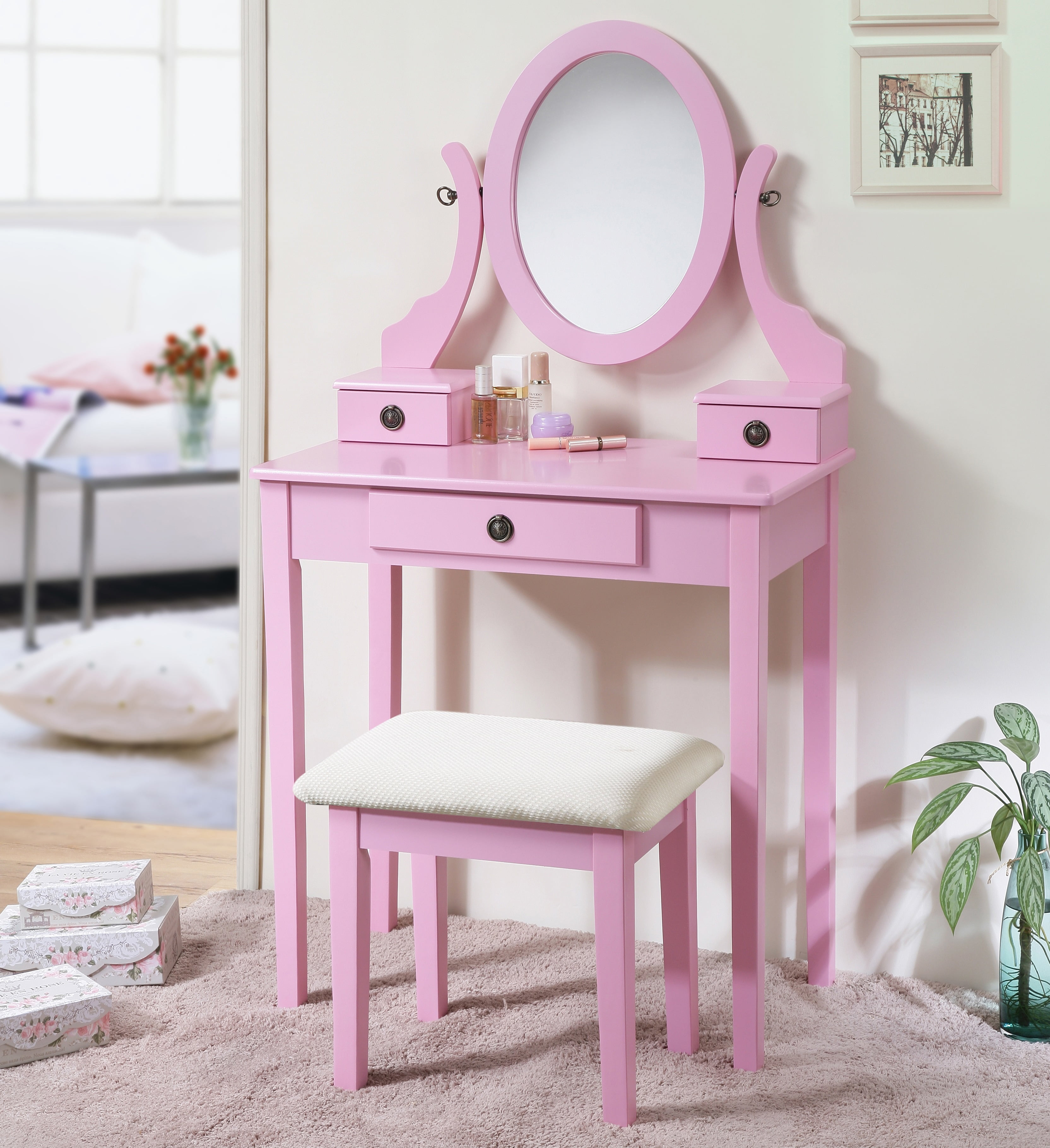 Roundhill Furniture Moniya Wood Vanity Table and Stool Set, Pink ...