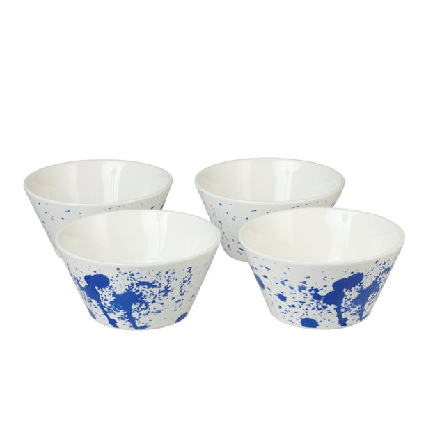 Servappetit Set of 4, Ceramic Bowls, 23 oz, White with a Splash of Blue ...