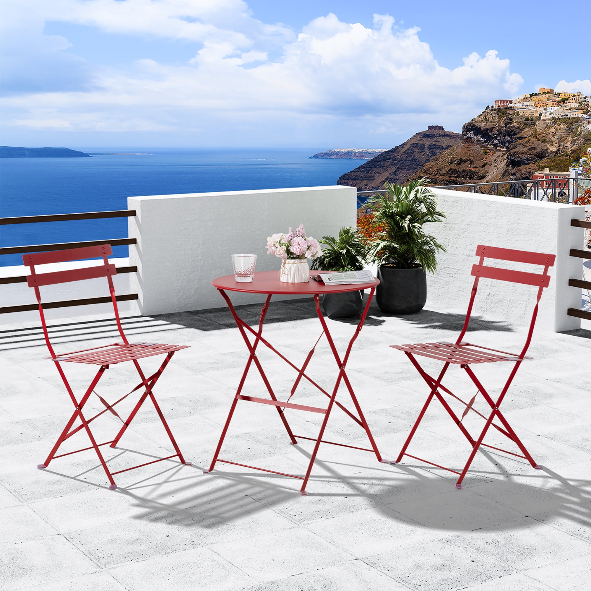 Walsunny 3 Pieces Red Bistro Sets with 2 Folding Metal Chairs and Table ...