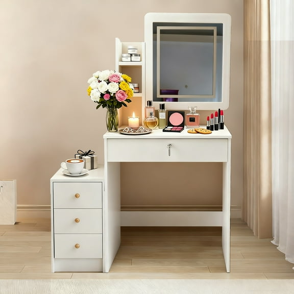 Garvee Modern Oak Vanity Desk with Large HD Lighted Mirror – Glass Top ...