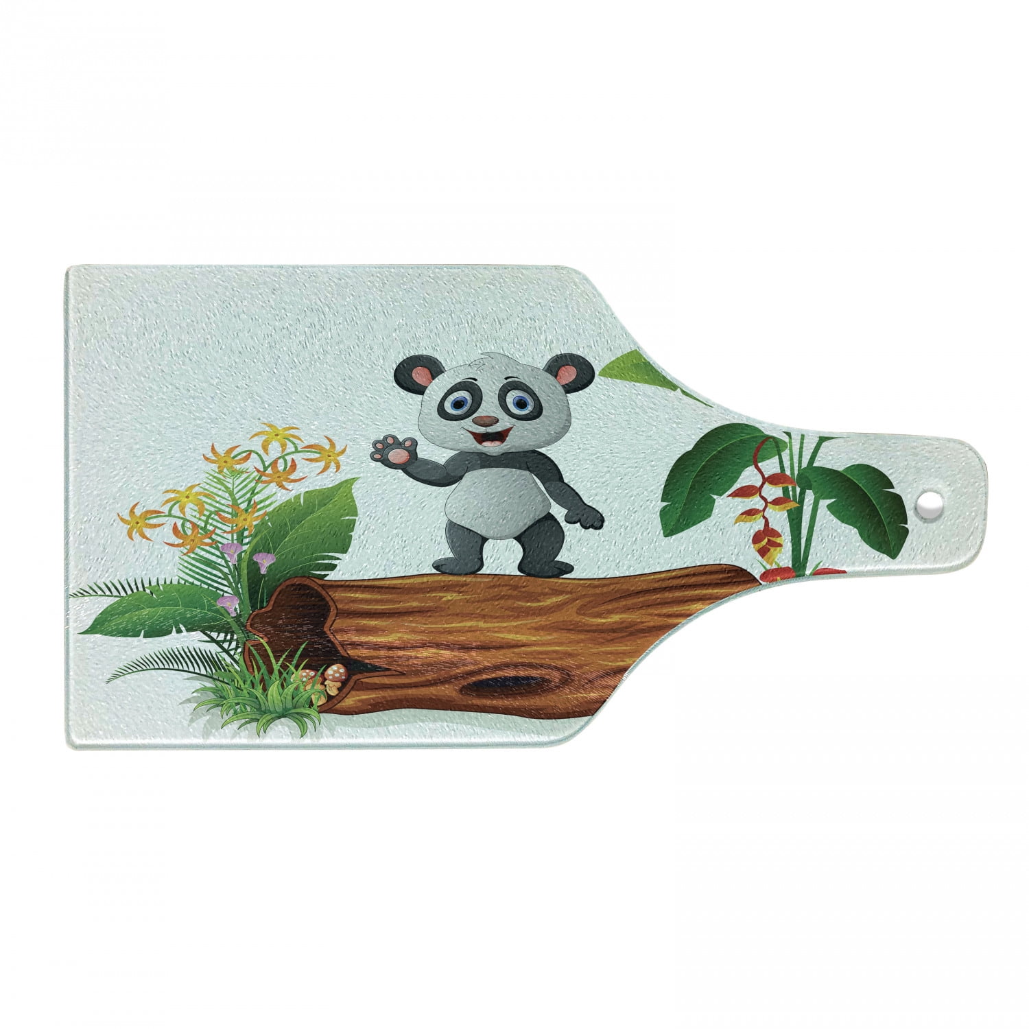 Panda Cutting Board, Panda Standing on a Tree Trunk Tropical Flowers ...