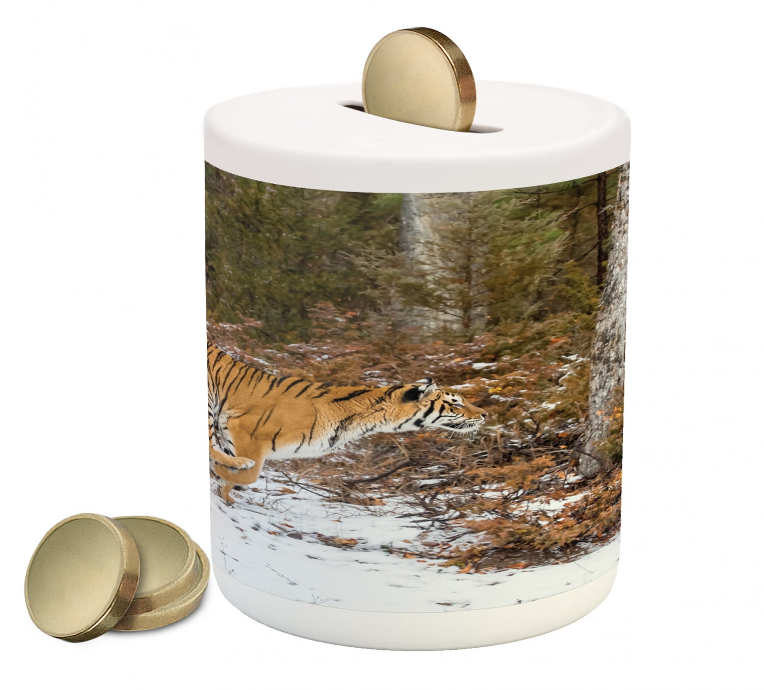 Safari Piggy Bank, Bengal Tiger in Snowy Jungle Hunting and Cruising ...