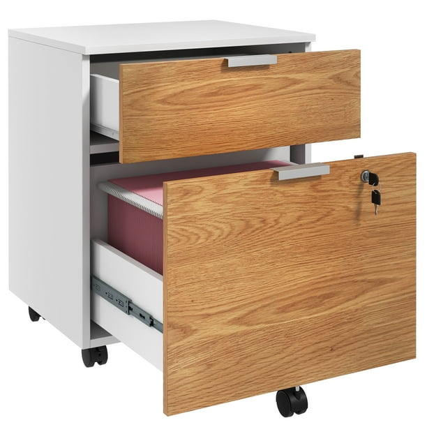 HOMCOM 2 Drawer File Cabinet with Lock Wheels Hanging Bars Nature Wood ...