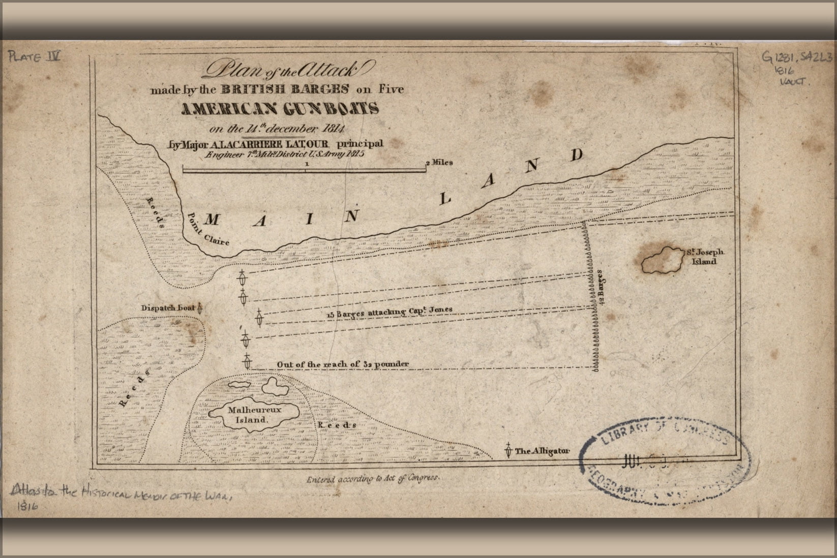 24"x36" Gallery Poster, map of attack on American gunboats war of 1812 ...
