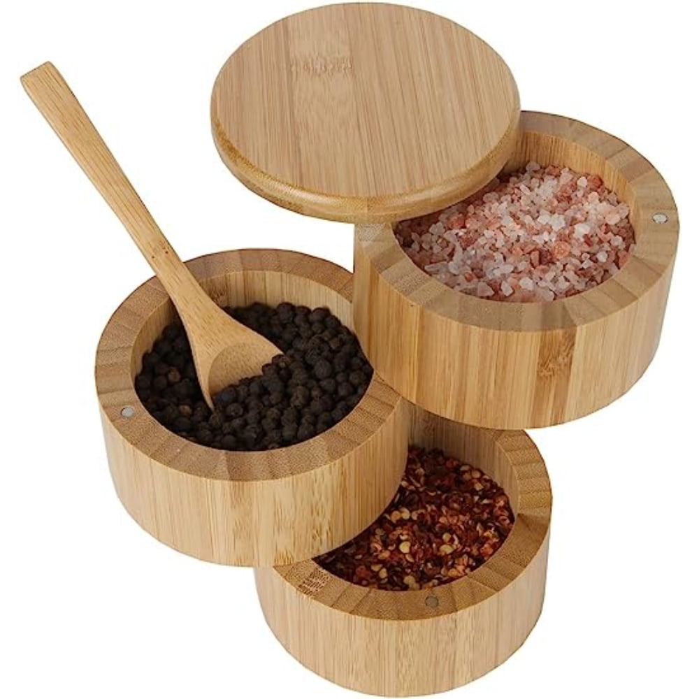 PEACNNG Bamboo Wood 3-Tier Spice Holder, Divided Storage Box with ...