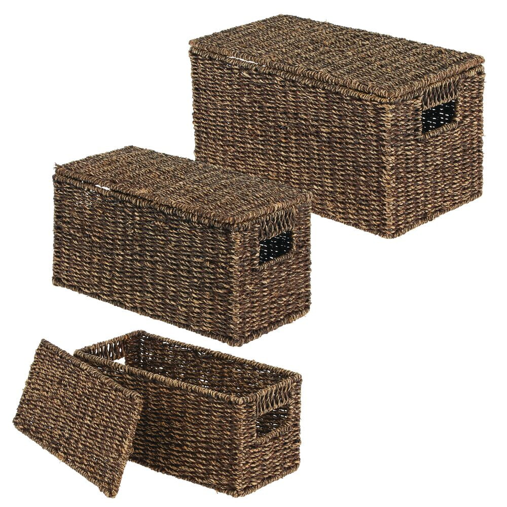 Mdesign Woven Seagrass Home Storage Basket With Lid Set Of 3 Brown Finish